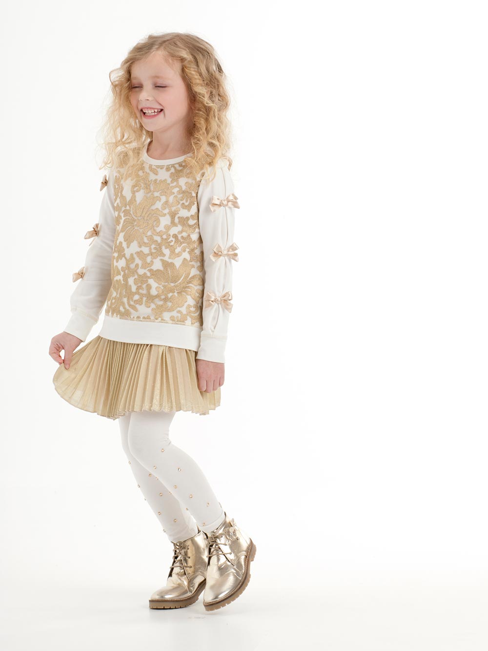 Kate Mack Spun Gold Pleated Skirt Set Ivory Gold | Little Boppers