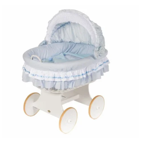 MJ Marks Luna White Wicker Crib with Blue Bedding | Little Boppers