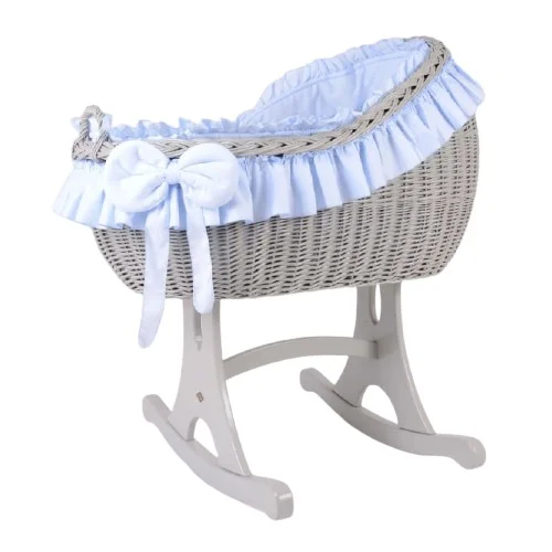 MJ Marks Bianca Grey Wicker Rocking Crib with Blue Bedding | Little Boppers